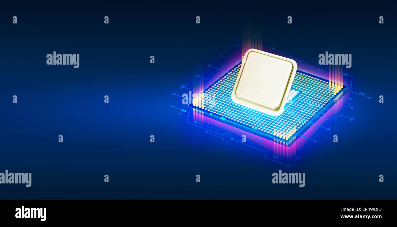 AI artificial intelligence concept, Close up of blank microprocessor glowing on dark background ...