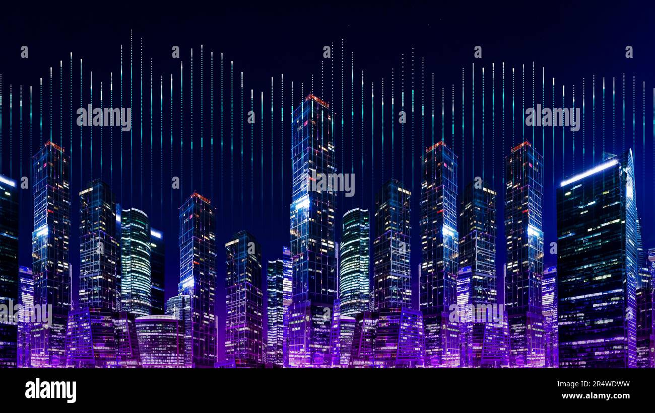 Technology smart night city landscape. Futuristic panoramic digital ...