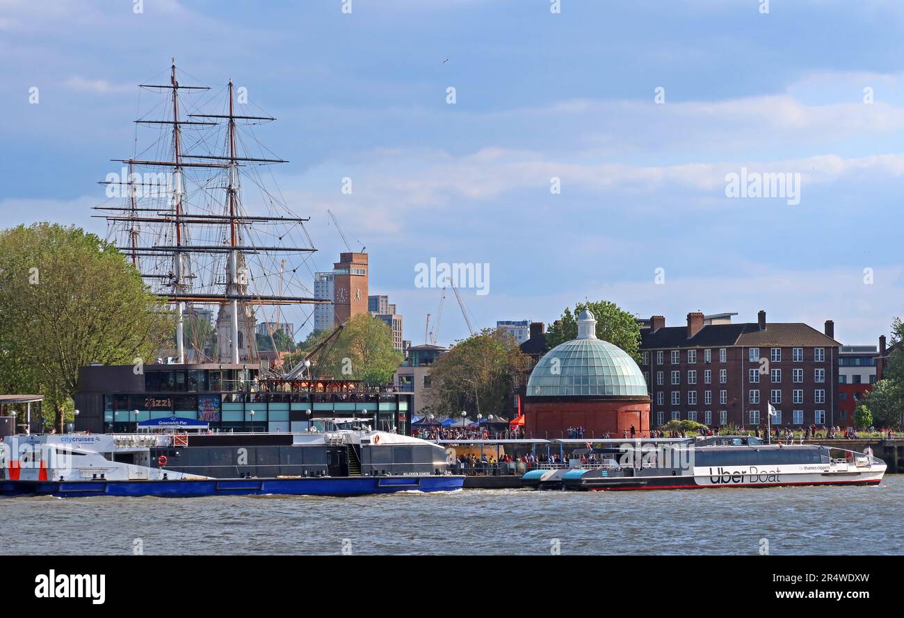 View across the River Thames at Greenwich showing the Cutty Sark area ...