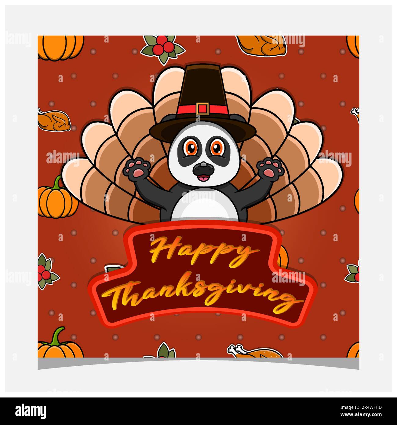 Happy Thanksgiving Card With Cute Panda Character Design. Greeting Card ...