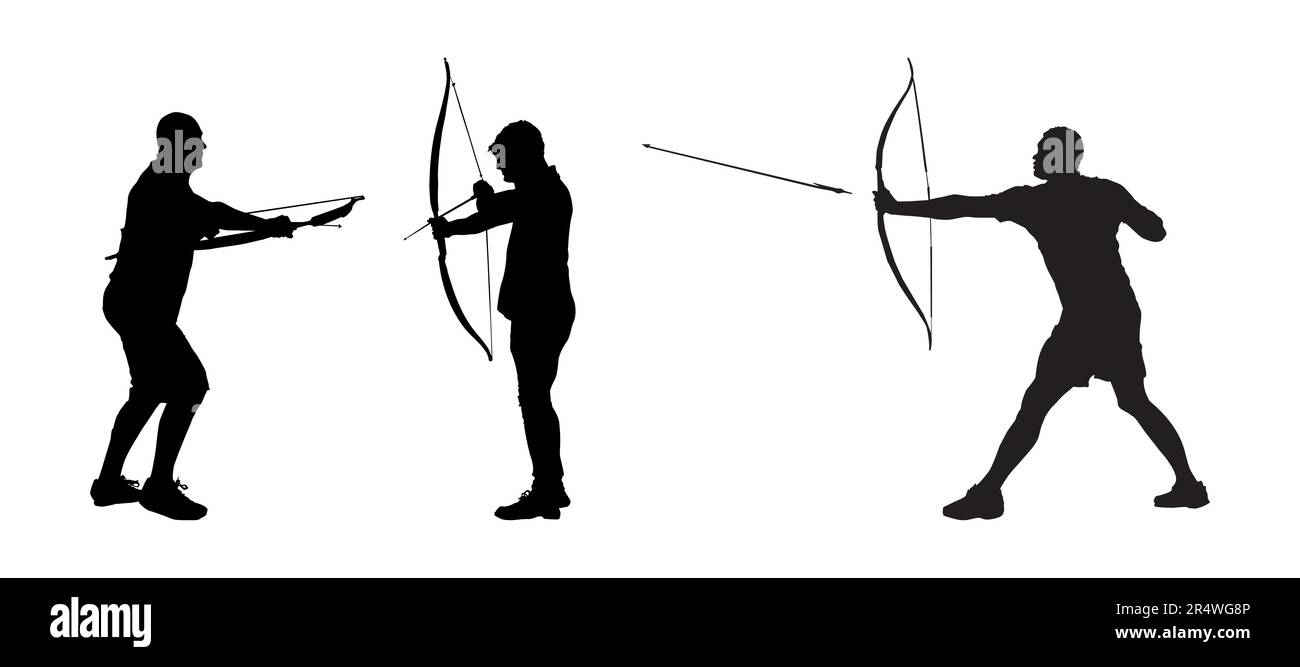 Archer silhouettes set isolated on white background. Man archer bending ...