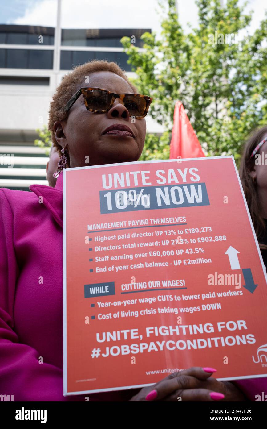 London, UK. 30 May, 2023. Striking workers at the homeless charity St ...