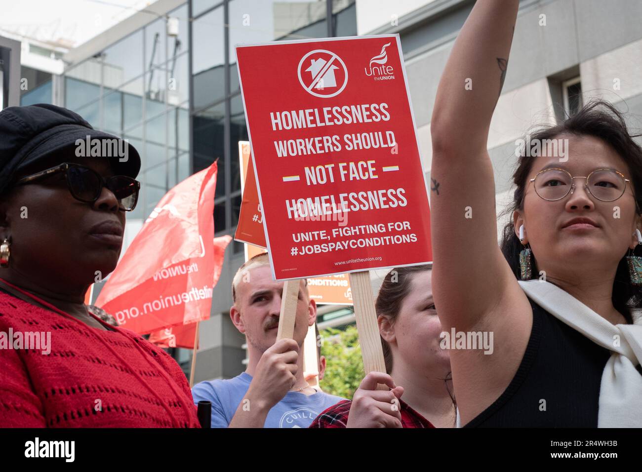 London, UK. 30 May, 2023. Striking workers at the homeless charity St ...
