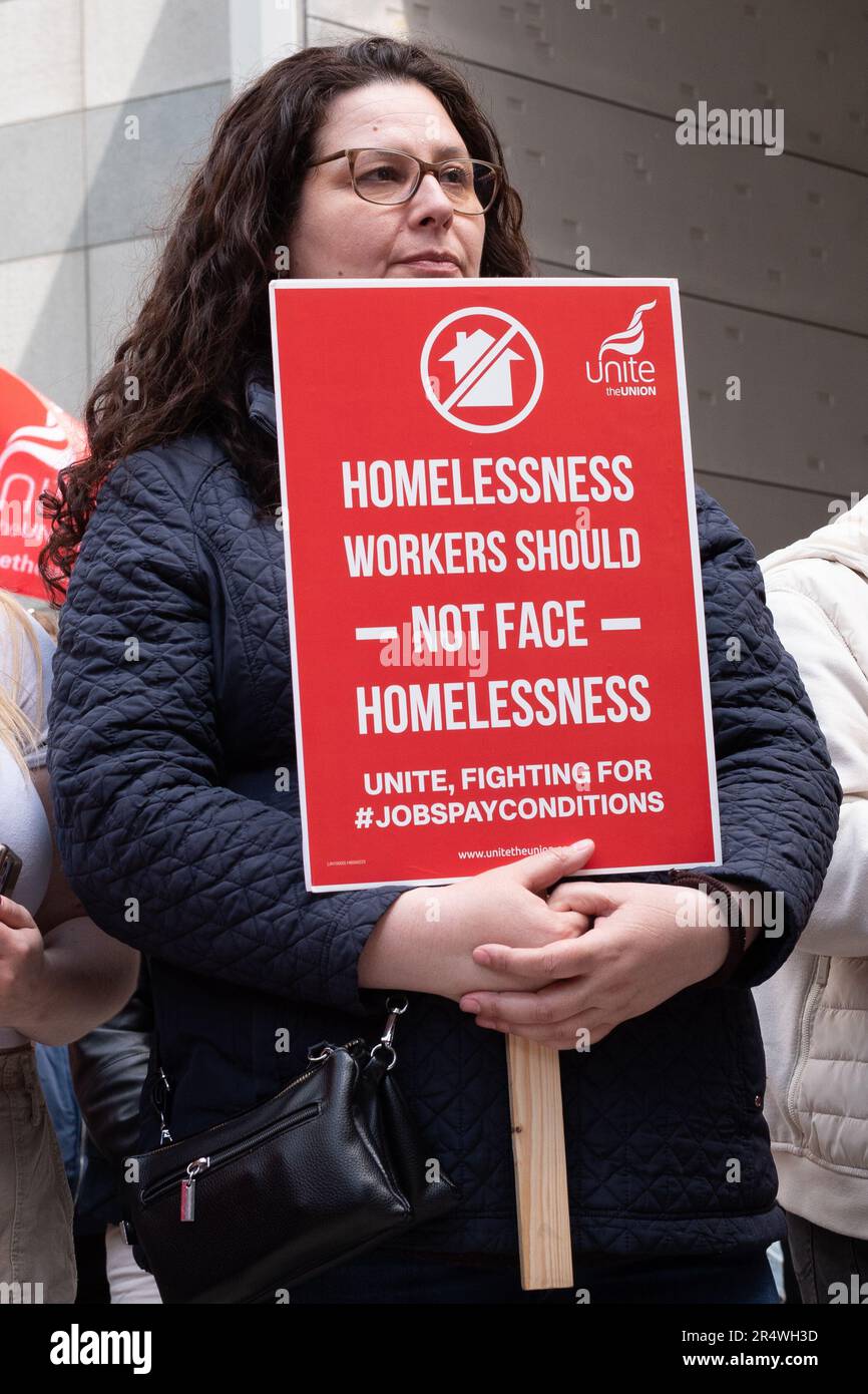 London, UK. 30 May, 2023. Striking workers at the homeless charity St ...