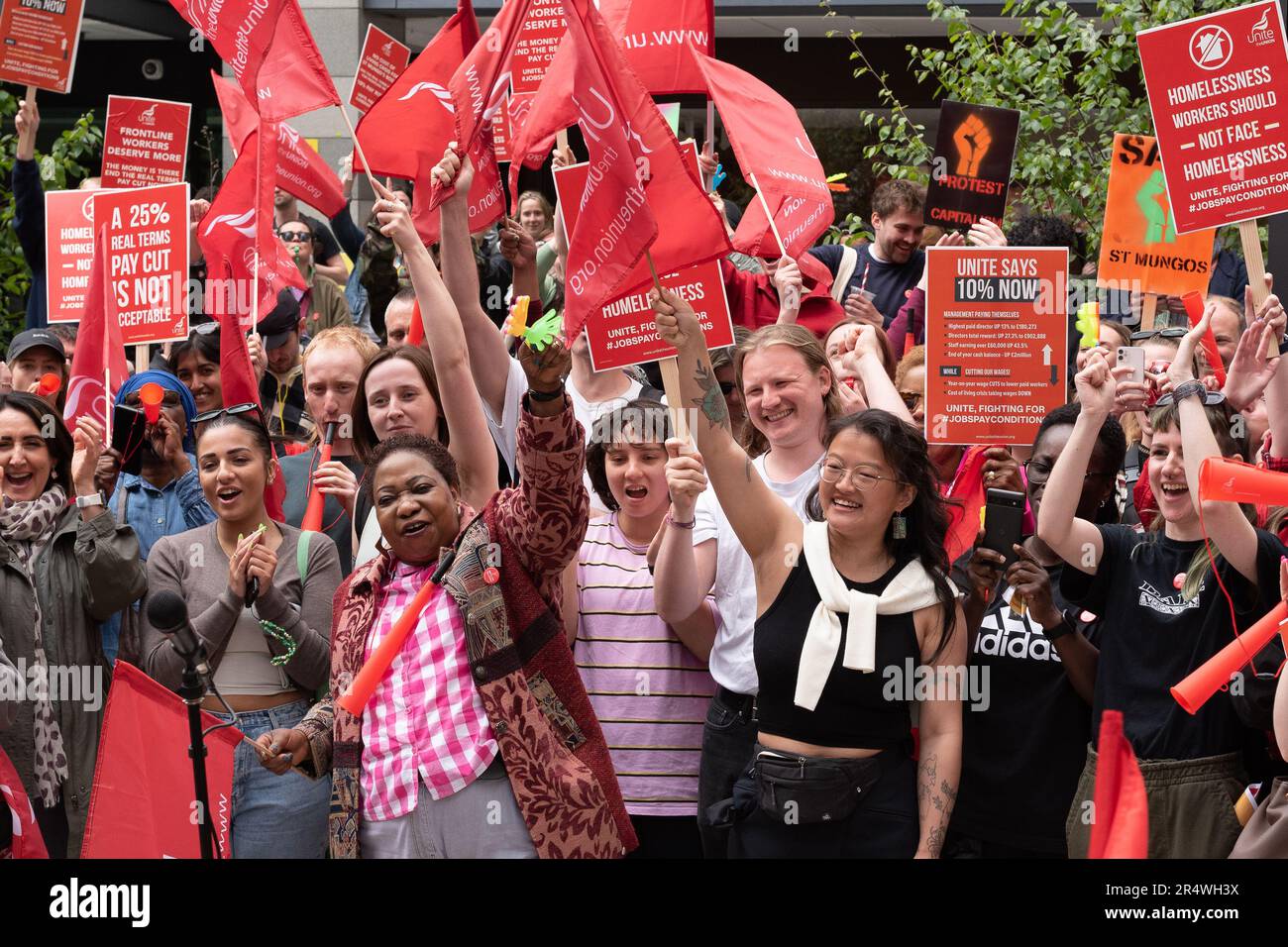 London, UK. 30 May, 2023. Striking workers at the homeless charity St ...