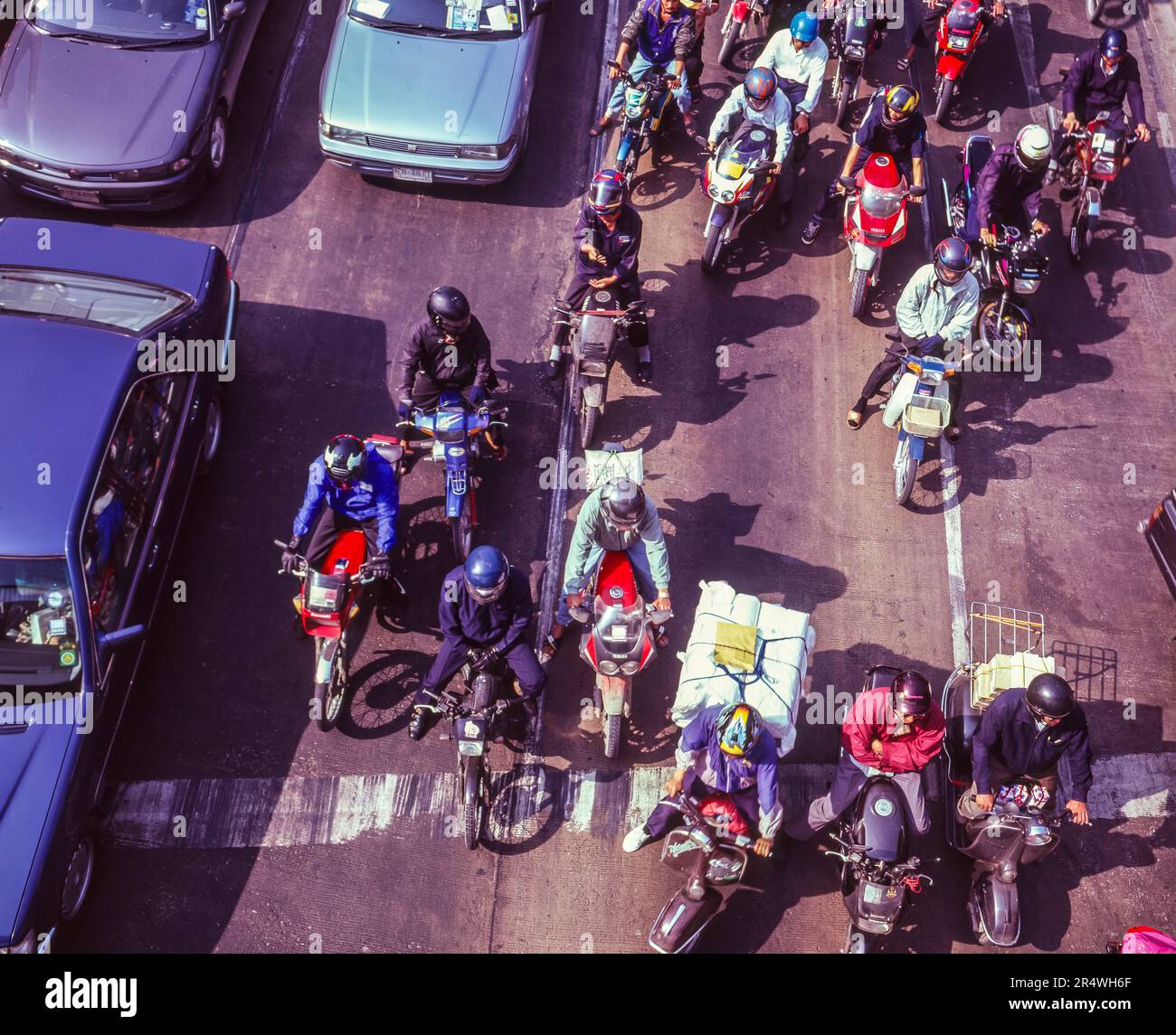 The image is of typical Bangkok traffic congestion at the World Trade ...