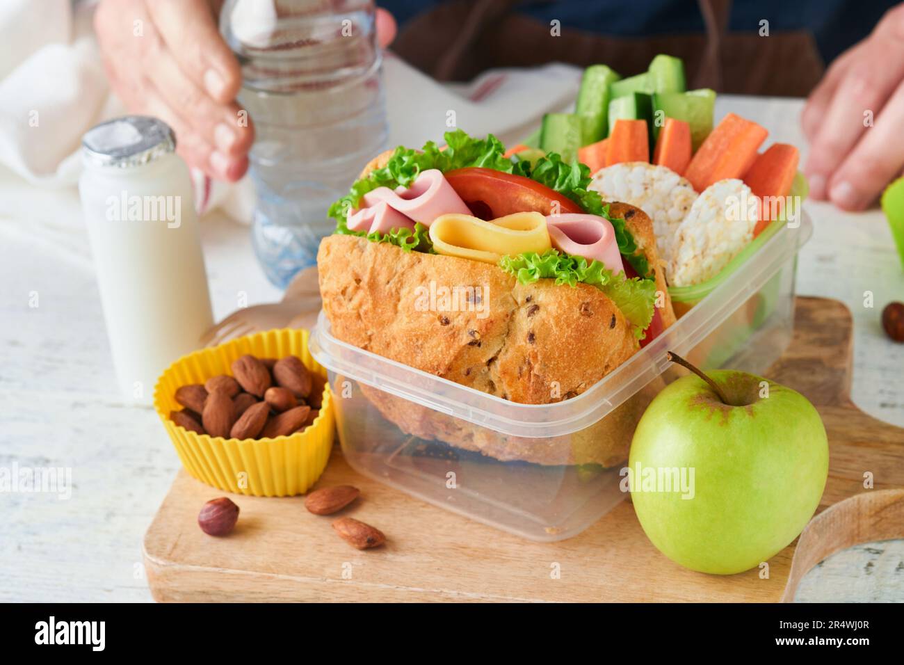 Healthy food for school lunch concept. Care father making school lunch ...