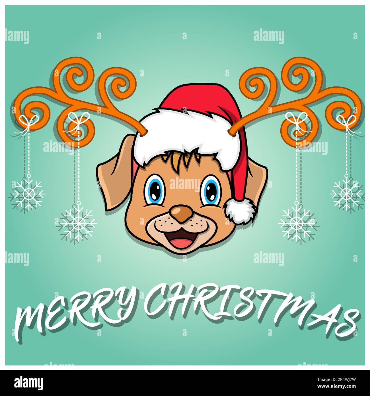 Cute Dog Head Cartoon Christmas Card. Wearing Hat and Funny Christmas ...