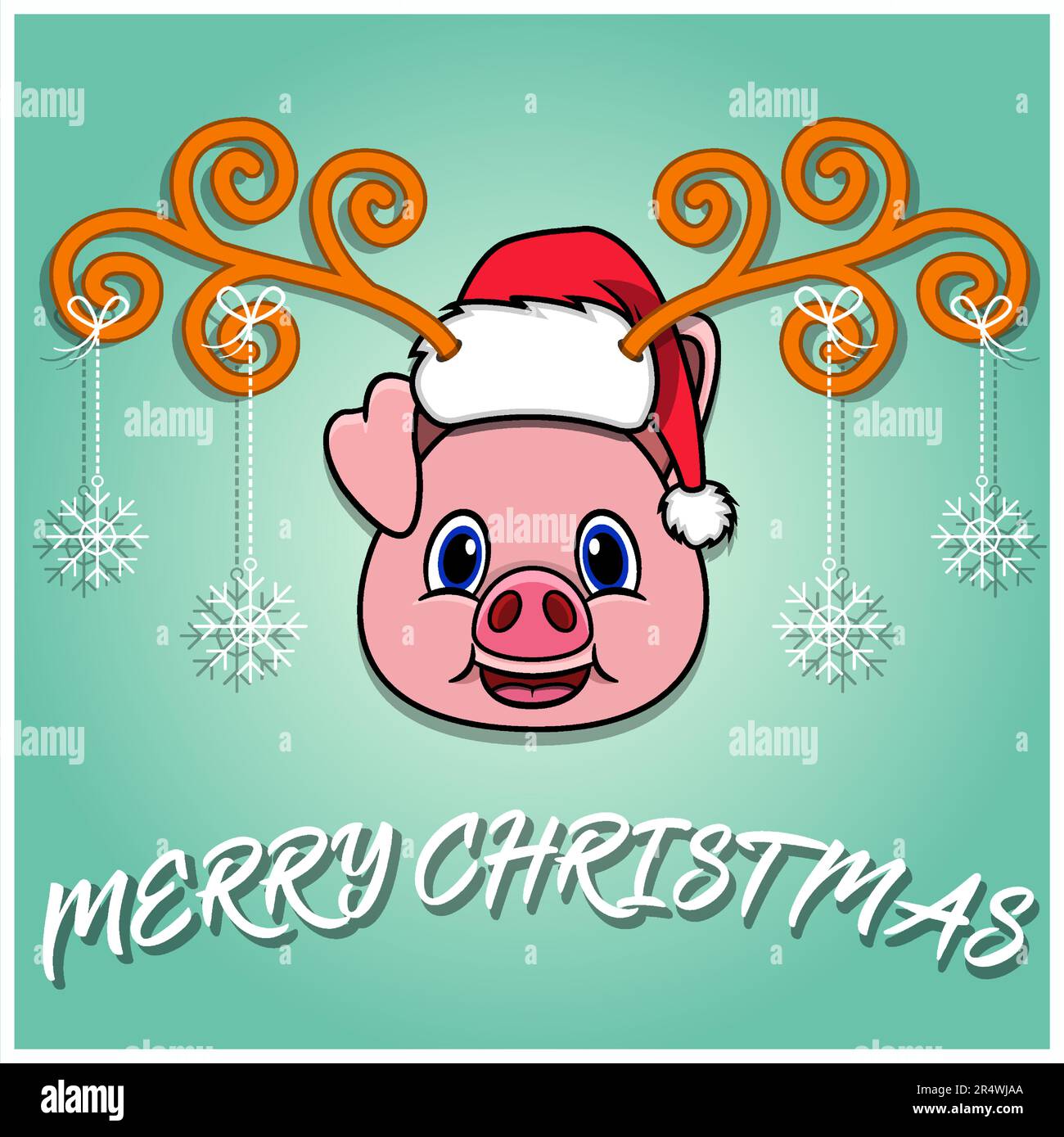 Cute Pig Head Cartoon Christmas Card. Wearing Hat and Funny Christmas ...