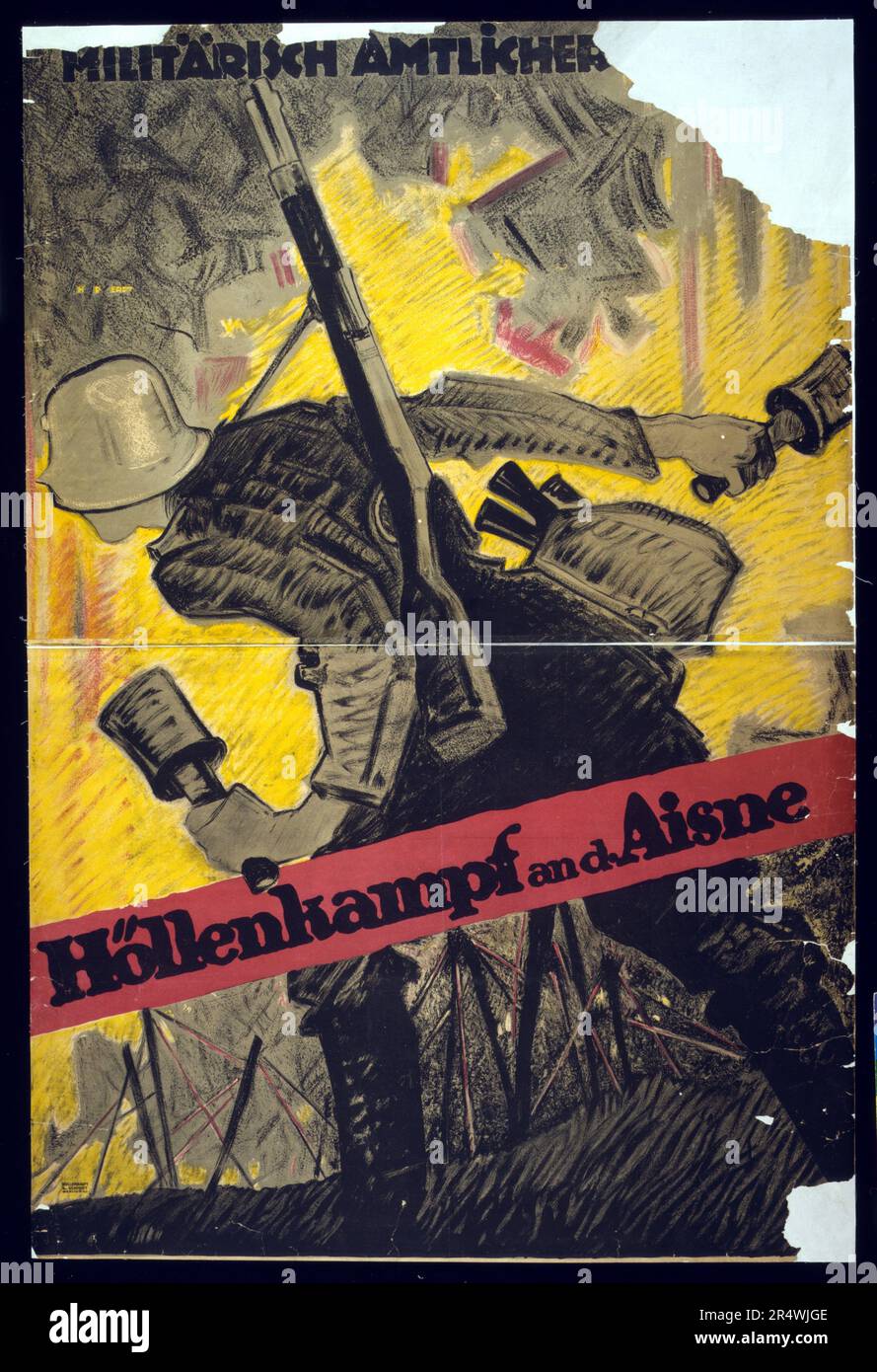 Poster shows a side view of a German soldier in battle. His rifle is ...