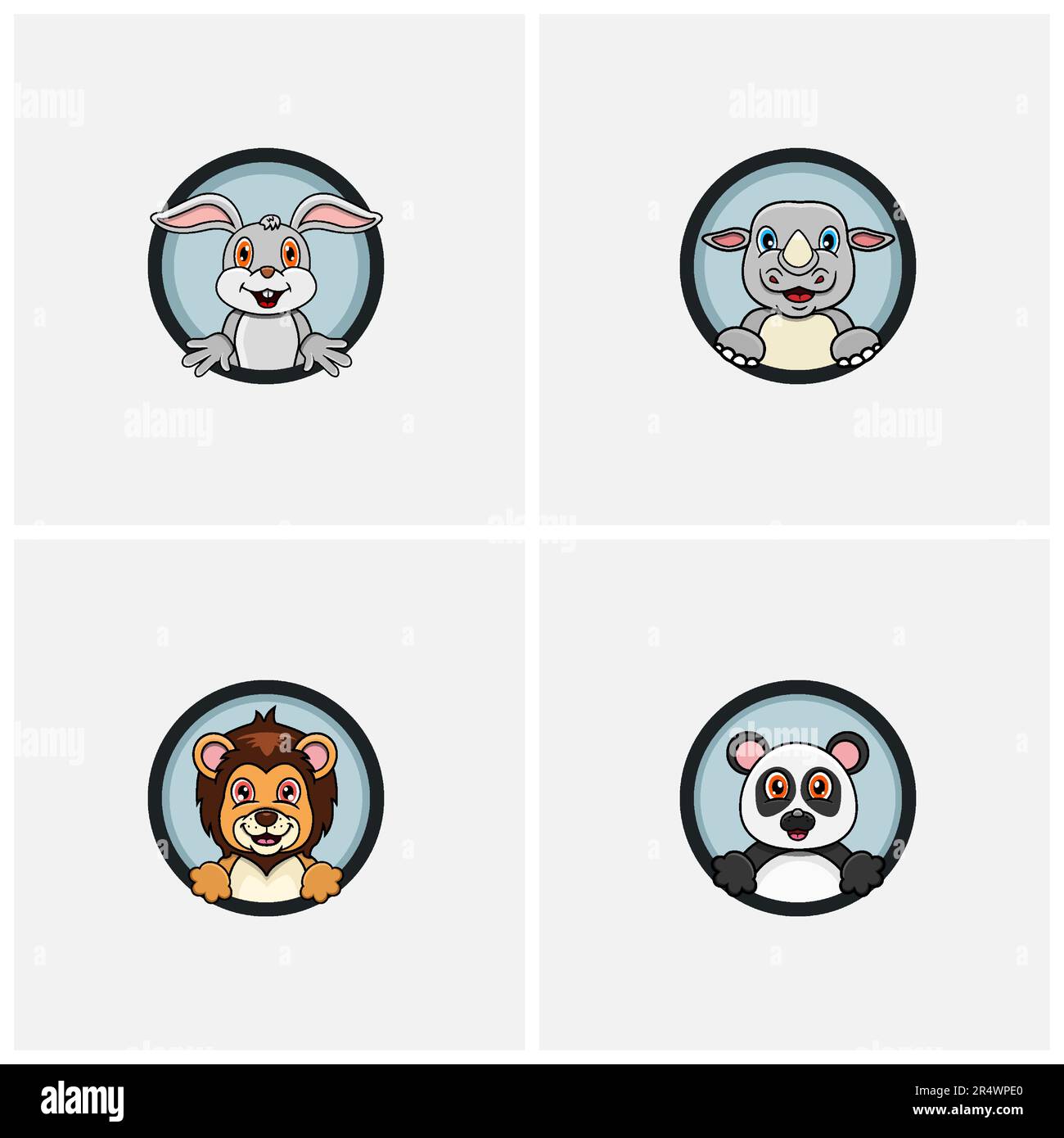 Funny Animals Head Character Design Set. Rabbit, Rhino, Lion and Panda ...