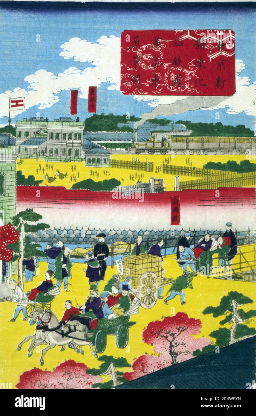 Japanes print Circa 1900 depicting Europeans visiting Japan. Railway ...