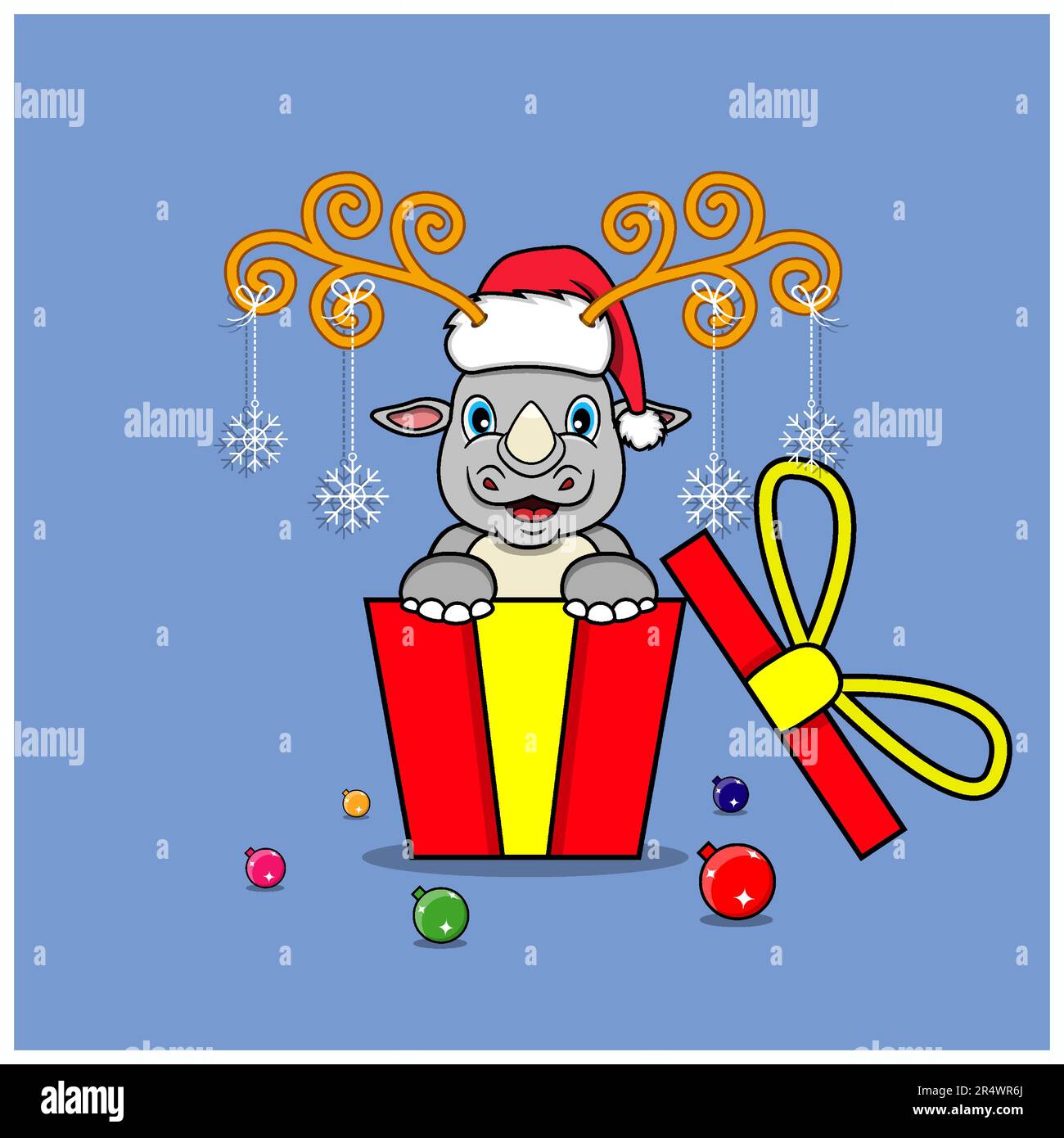 Cute Rhino On Gift with Santa Claus Hat. For Background, Template, Icon ...