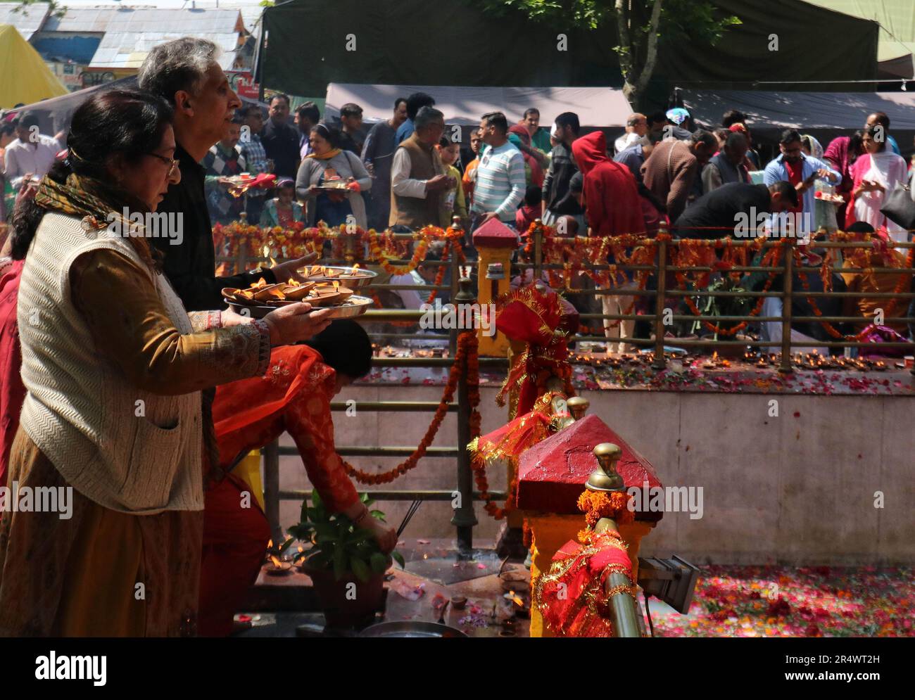 Srinagar, India. 28th May, 2023. Kashmiri Pandit (Hindu) devotees pray ...