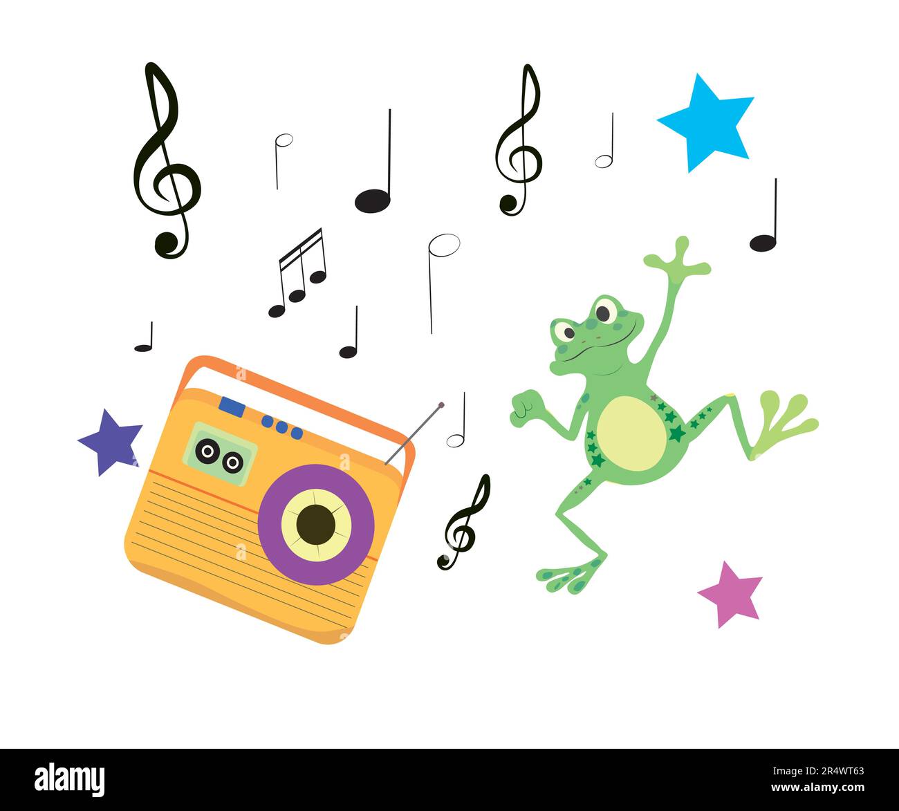 A frog dancing to music played from an old tape recorder. Vector ...
