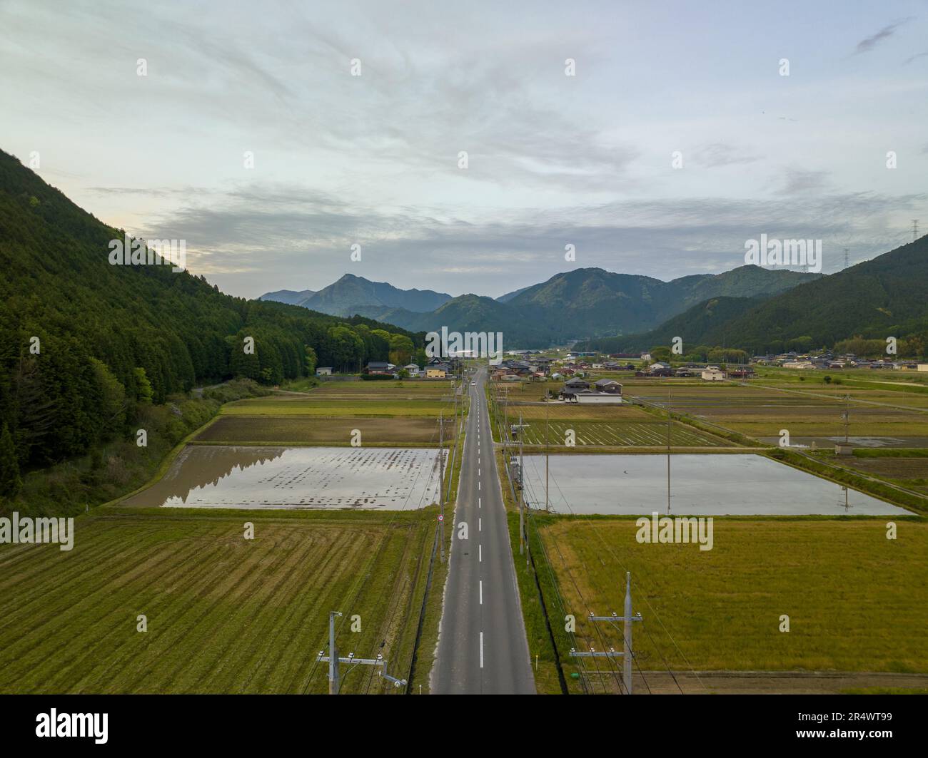 Straight open road through rice fields in rural Japan mountain ...