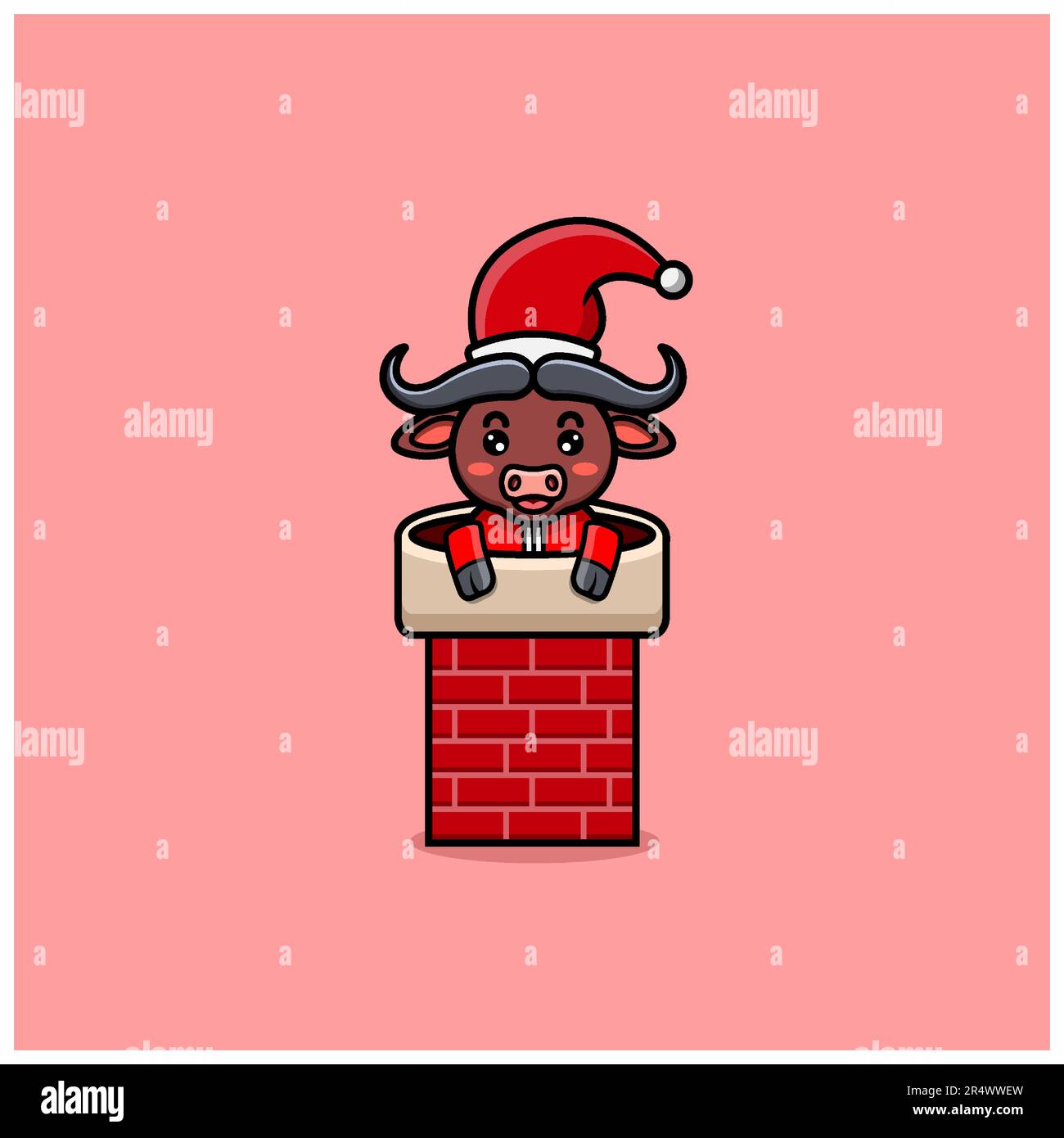Cute Buffalo With Christmas Costume and On House Chimney. Vector and ...