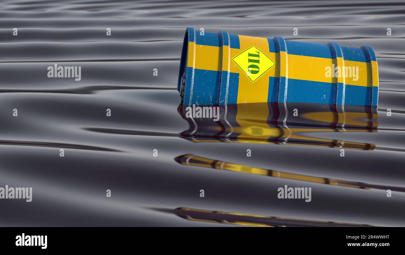 Oil drum with Sweden national flag swimming in an ocean of black oil ...
