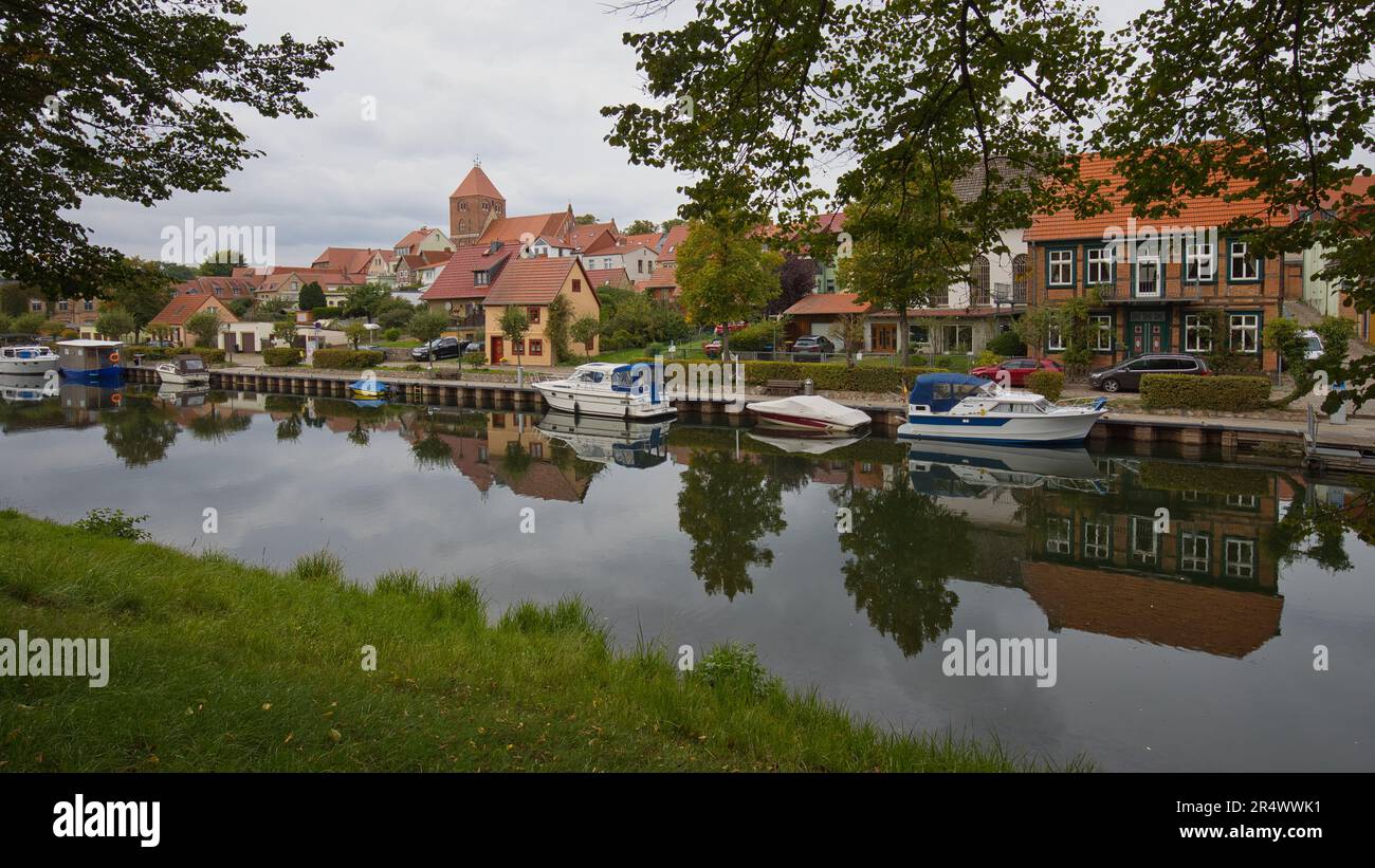 View in Plau am See in Germany across the Elde river to the St. Marien ...