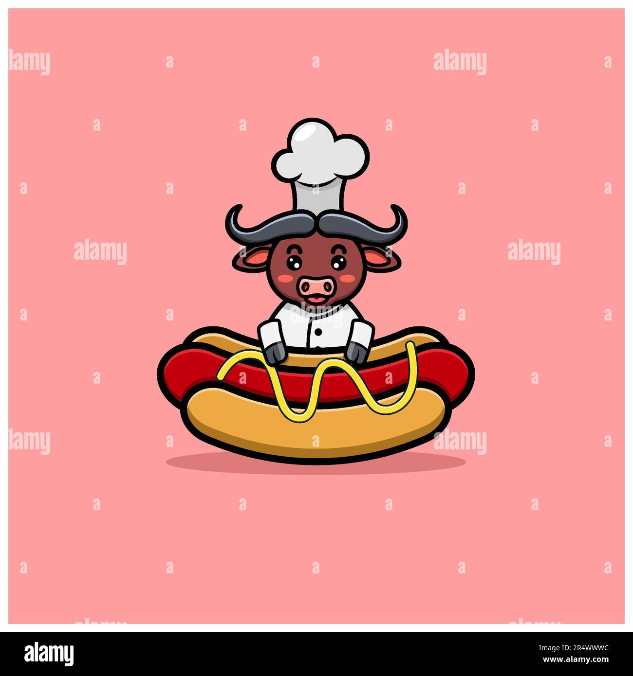 Cute Buffalo With Chef Costume and Hot Dog. Vector and Illustration ...