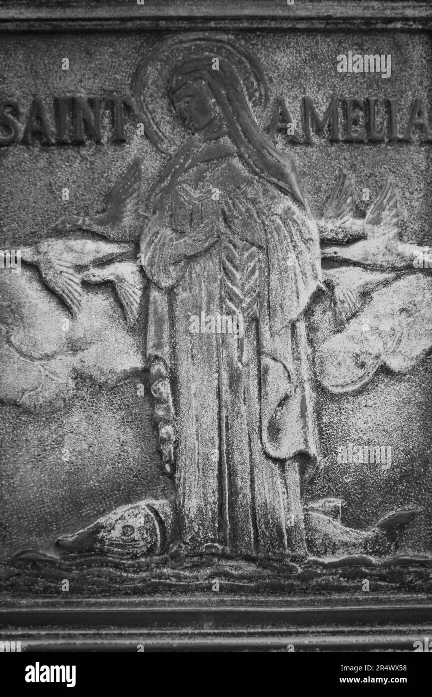A formal portrait of Saint Amelia standing among the clouds in a black ...