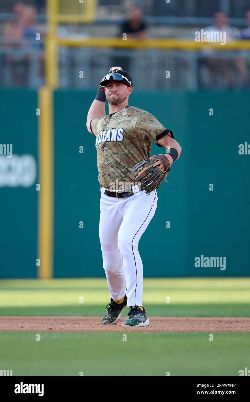Indianapolis Indians shortstop Jared Triolo (19) throws to first base ...