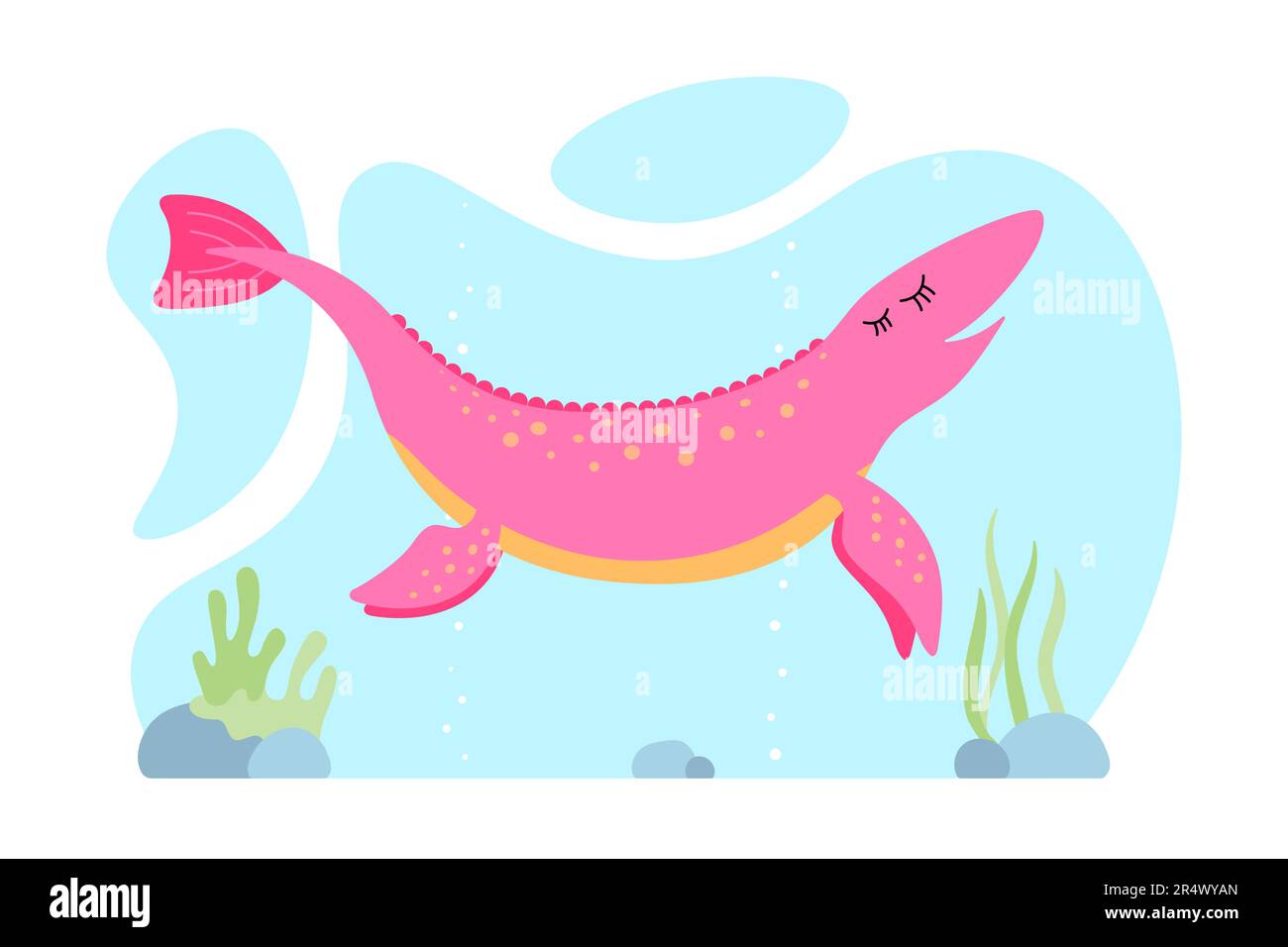Cute pink dino. Kind smiling ichthyosaur dinosaur character. Cartoon ...