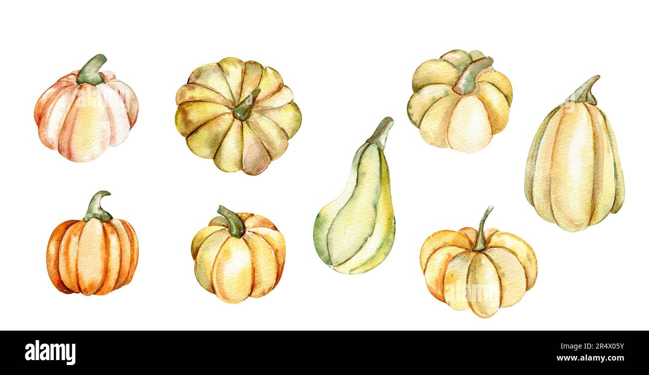 Fall set with pumpkins. For cards, backgrounds. Watercolor illustration ...