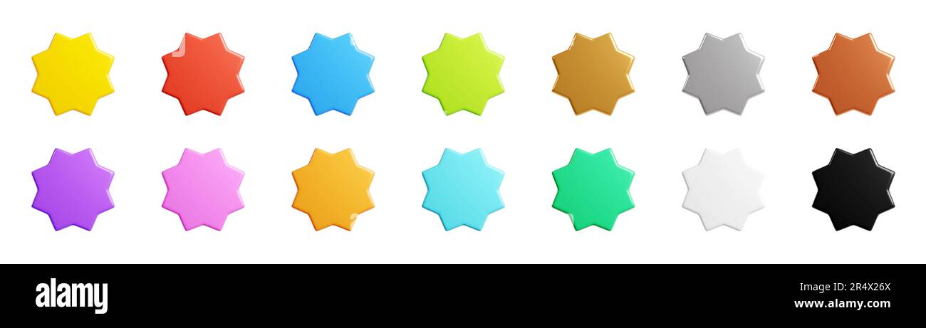 Starburst sticker 3d render set - collection of round sun burst or star ...