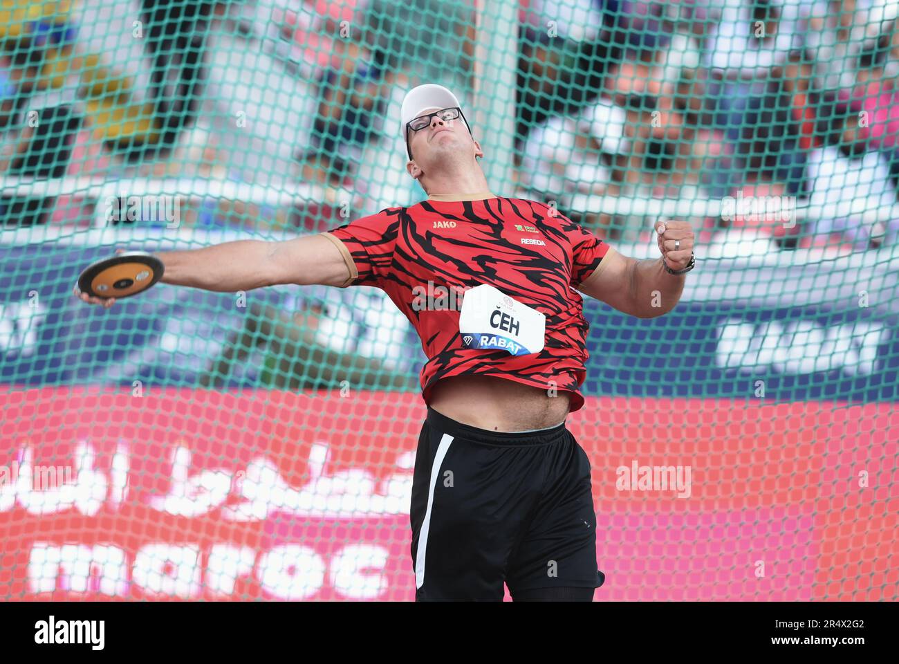 Rabat, Morocco. 28th May, 2023. Kristian Ceh (SLO) wins the discus with a throw of 230-8 (70.32m ...