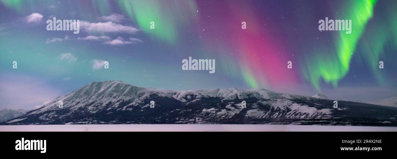 Panoramic shot of aurora borealis, northern lights seen over the north ...