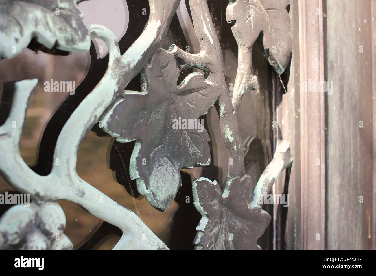 A beautiful closeup of a typical leaf cast in a copper metal fence ...