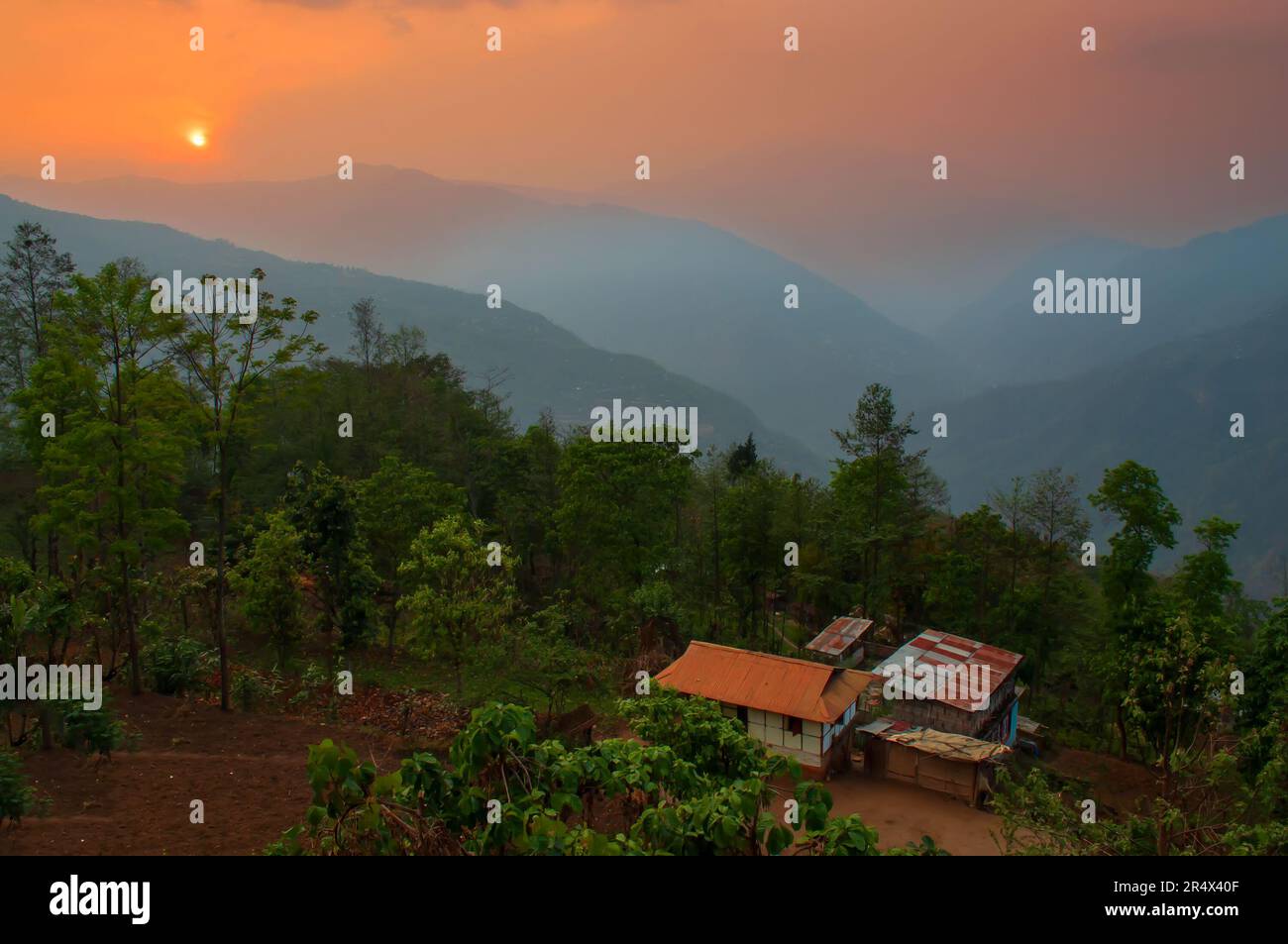 Beautiful sunrise in mountains of Himalayas, Hee Barmiok village of ...