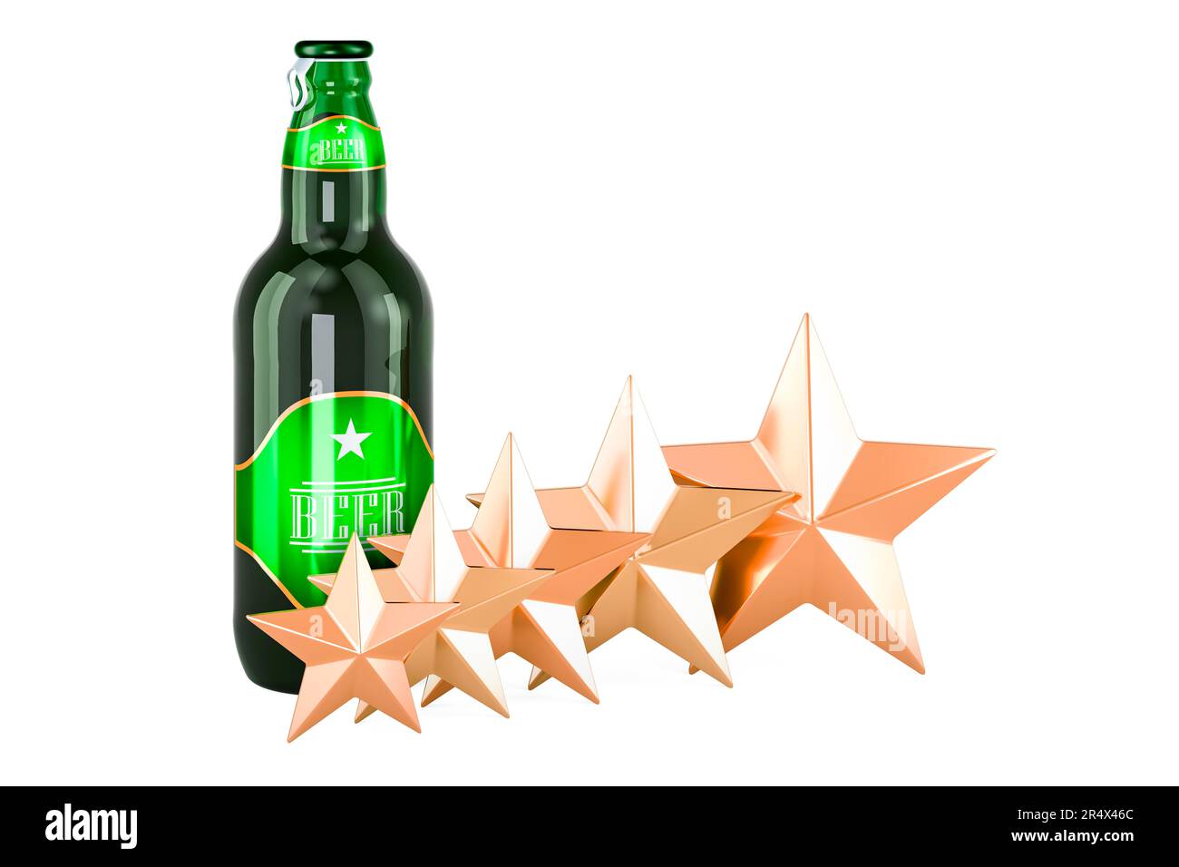 Beer bottle with five golden stars, 3D rendering isolated on white ...