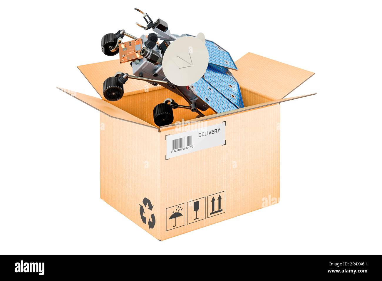 Planetary rover inside cardboard box, delivery concept, 3D rendering ...