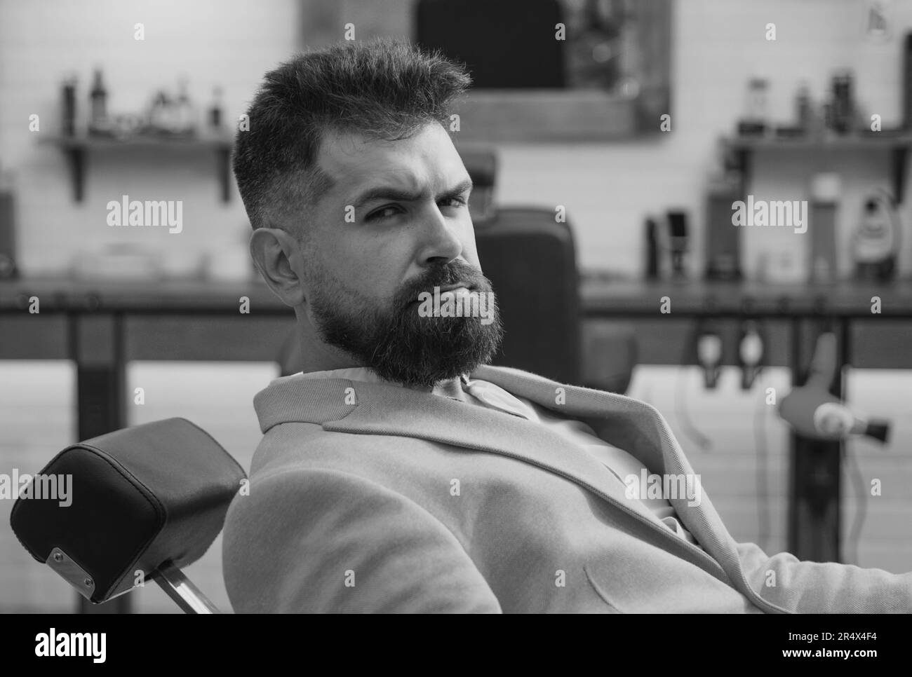 Hair salon and barber vintage. Beard styling cut. Portrait bearded man ...