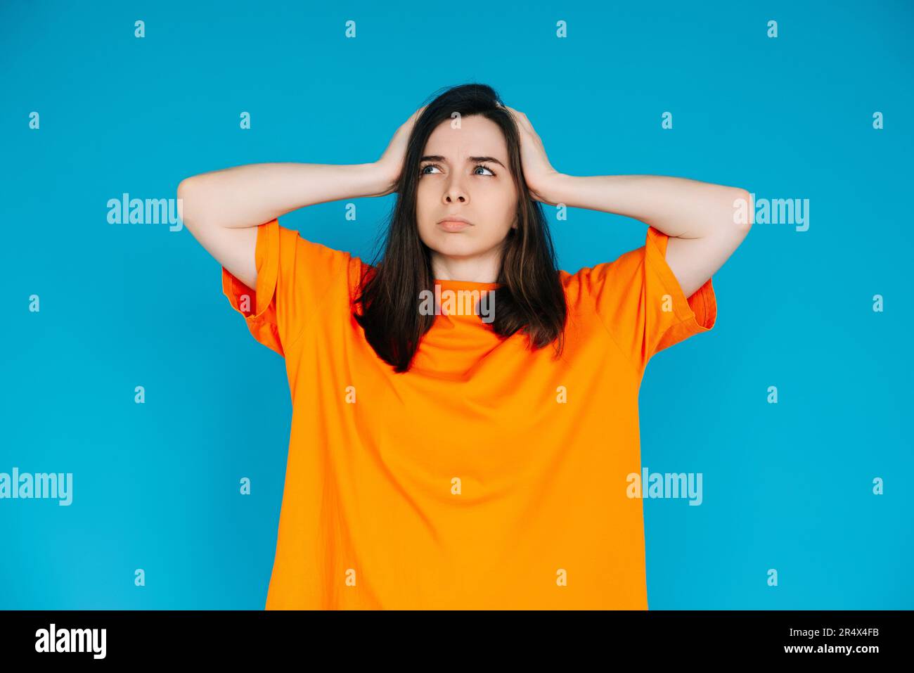 Unsatisfied Girl Touching Head, Frustration Concept - Empty Space ...