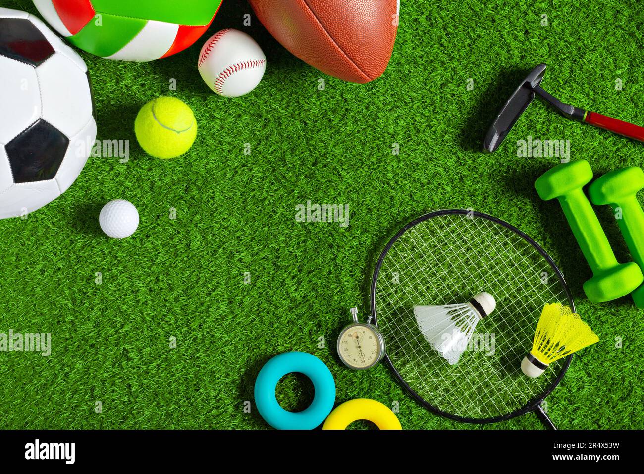 Various sport tools on grass Stock Photo - Alamy