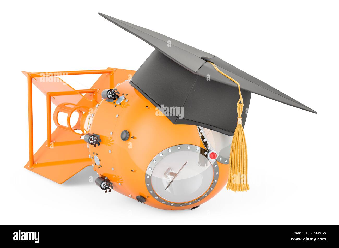 Atomic bomb, nuclear weapon with graduation hat. 3D rendering isolated ...