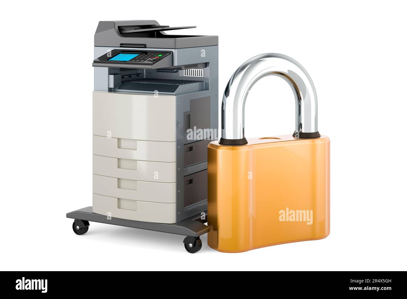 Office multifunction printer MFP with padlock. 3D rendering isolated on ...