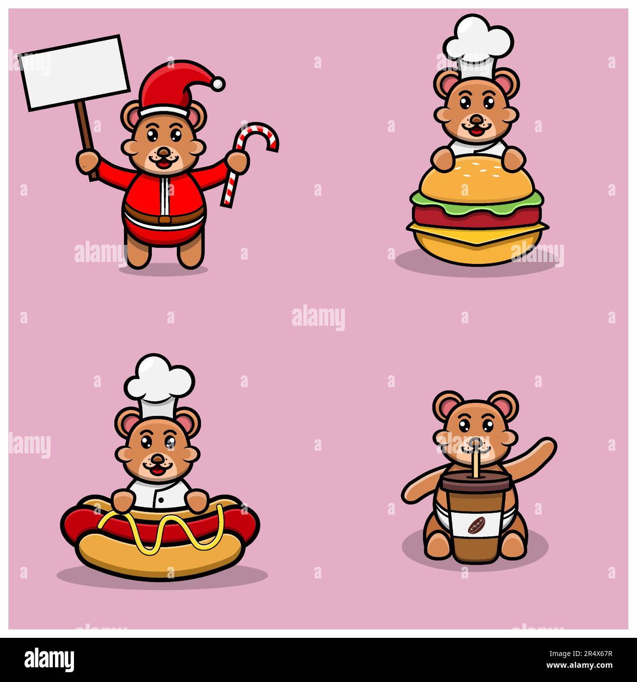 Set Of Cute Baby Bear Character With Various Poses. Christmas, Chef On ...