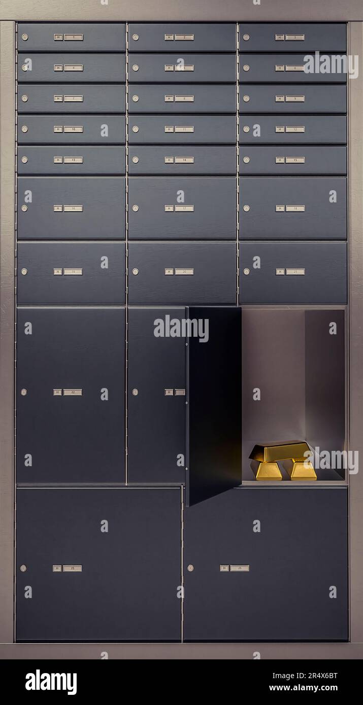 bank vault deposit rack door is open with gold inside, 3d illustration ...