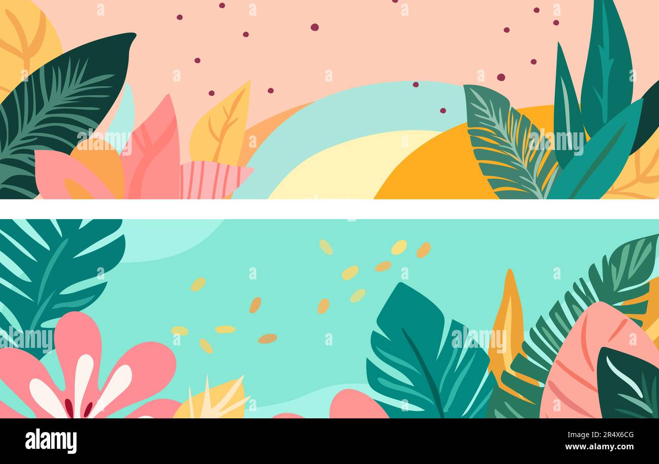 Hello summer. Set of horizontal summer banners with colorful tropical ...
