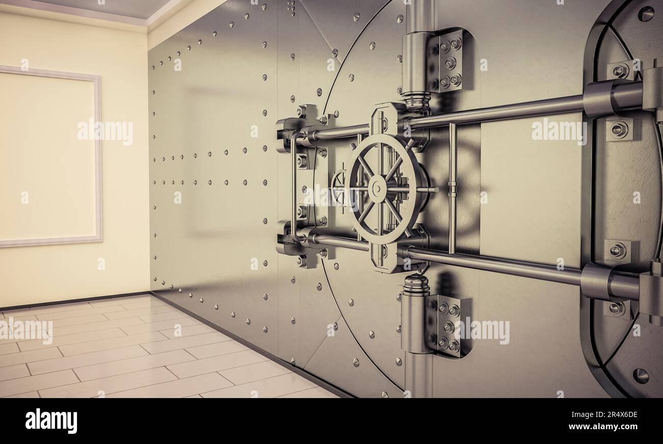 bank vault front door with copy space side view, 3d illustration Stock ...