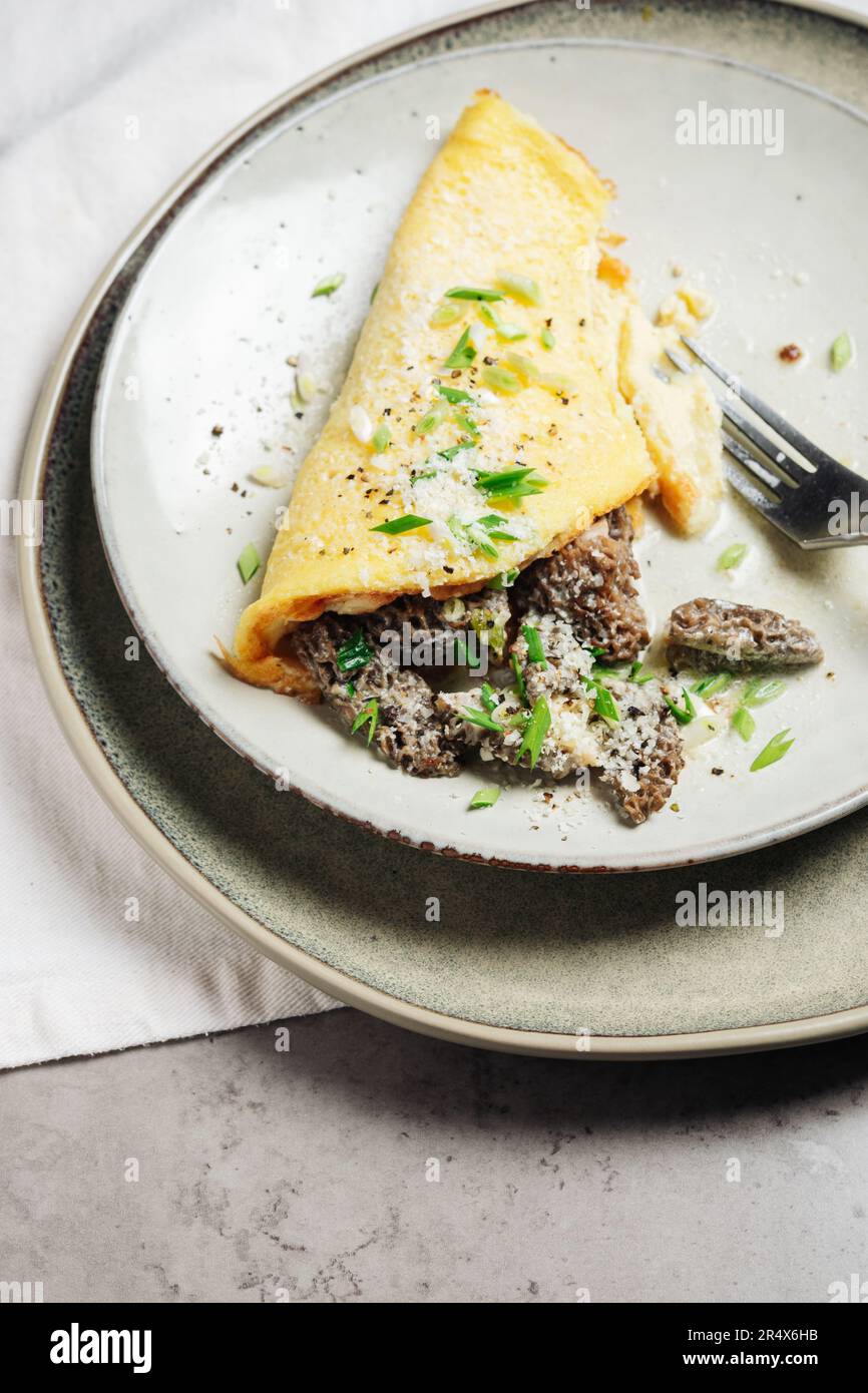 Omelette with morel mushrooms and cheese in a creamy sauce with herbs ...