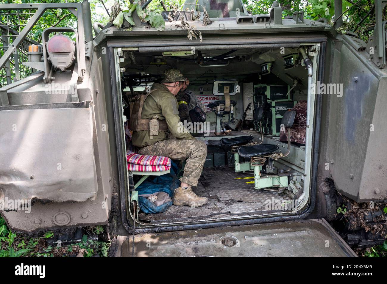Donetsk Oblast, Ukraine. 30th May, 2023. Inside an armored personnel ...