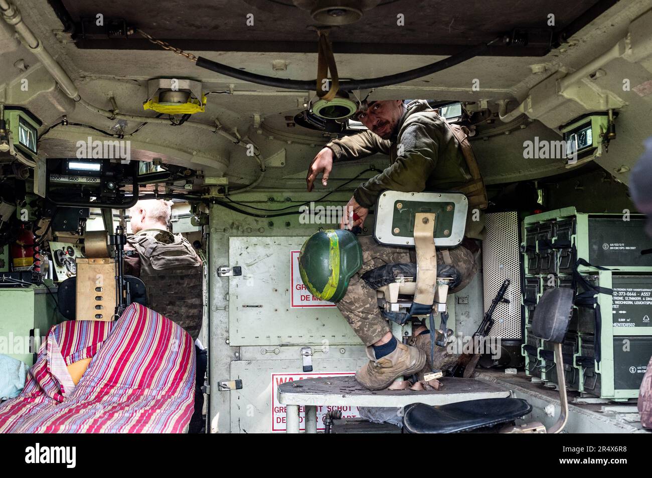 Ukraine. 30th May, 2023. Inside an armored personnel carrier (YPR-765 ...