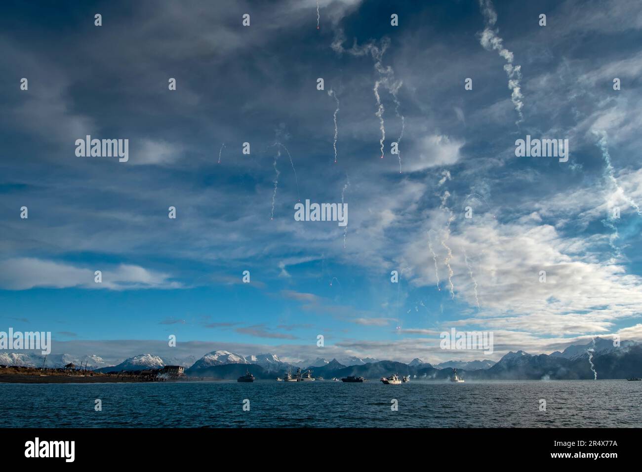 Smoke trails in the sky from flares off the coast of Alaska; Alaska ...