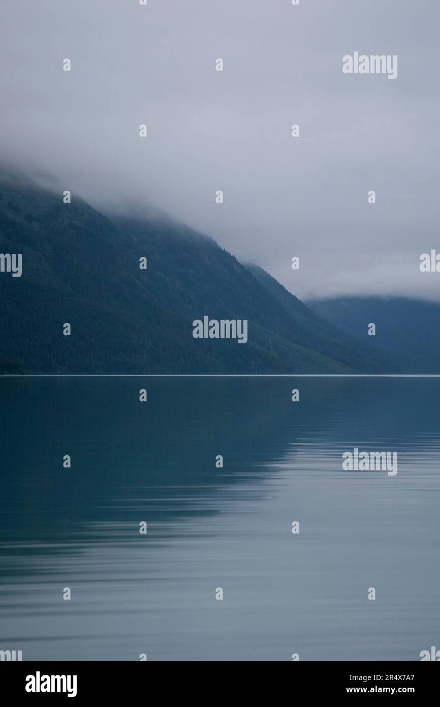 Moody reflections on the calm water of Kenai Lake on a foggy day in the ...