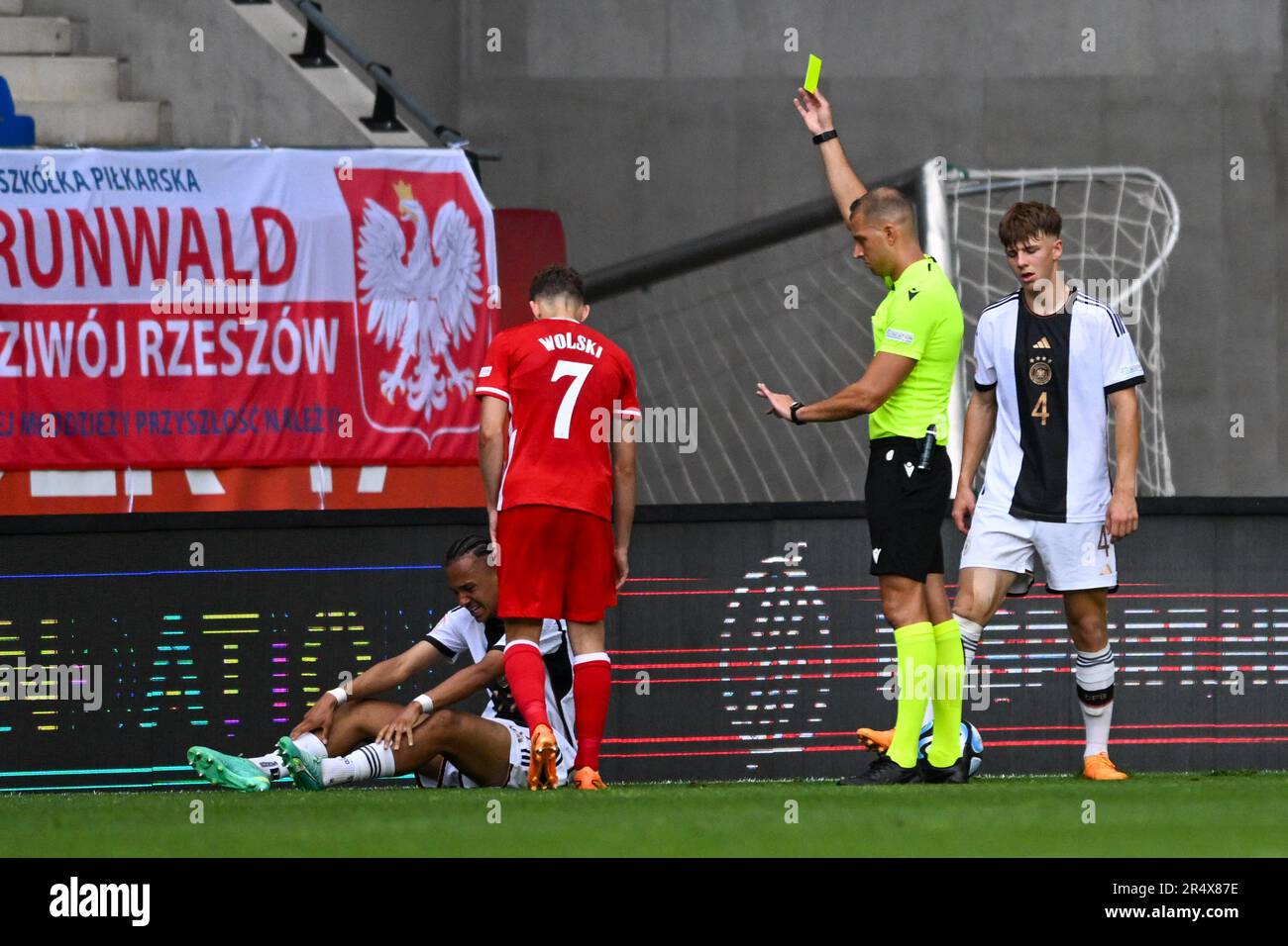 Felcsut, Hungary. 30th May, 2023. Yellow card for Poland U17's Filip ...